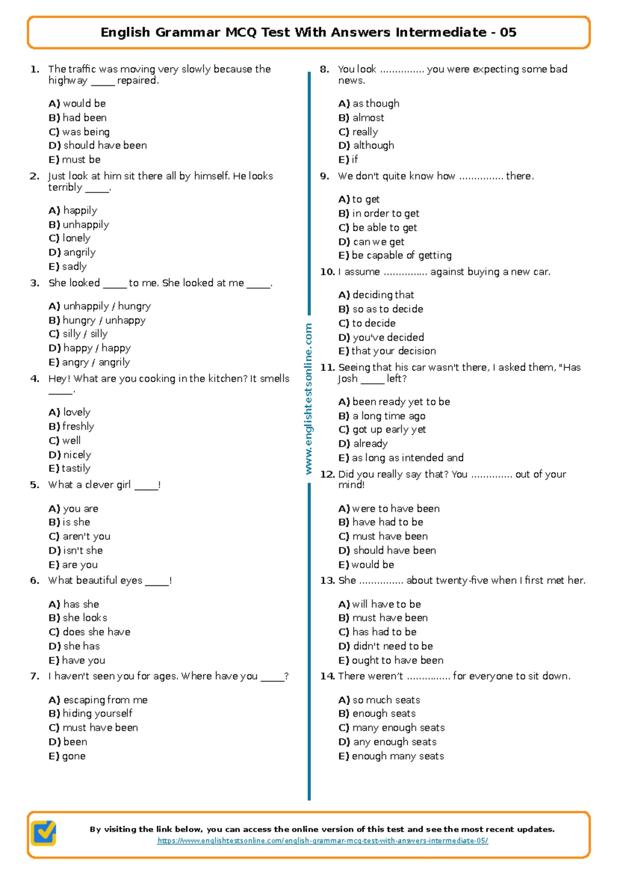 634 English Grammar MCQ Test with Answers - Intermediate Level 07 - Studocu