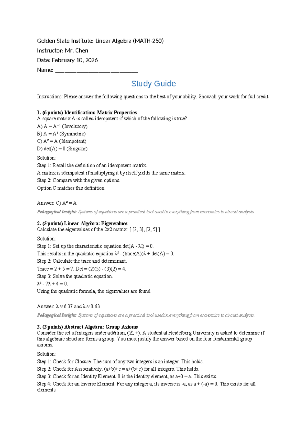 Algebra Study Guide 1092: Linear Algebra & Abstract Algebra Concepts ...