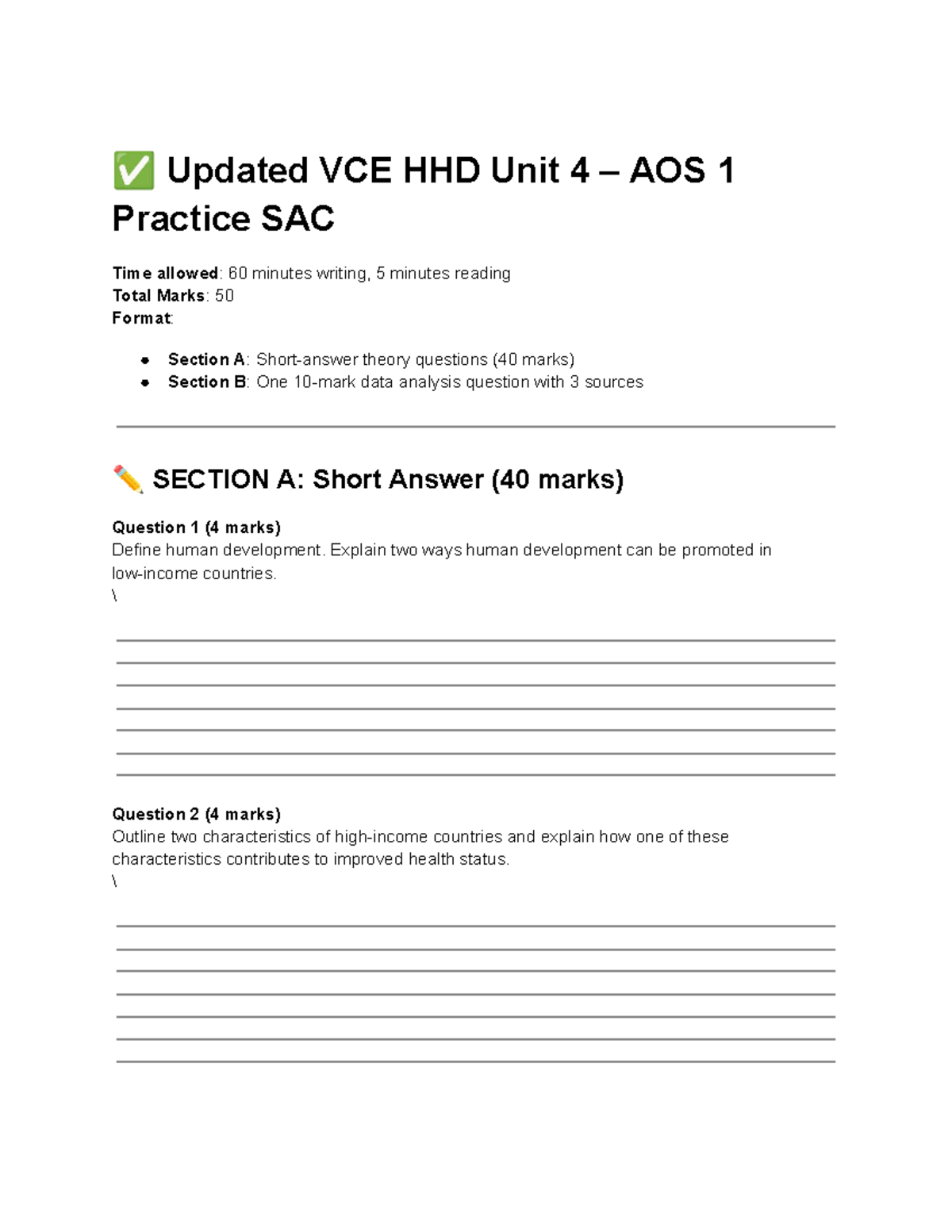 HHD Unit 4 AOS 1 Practice SAC - Updated Questions & Data Analysis - Studocu