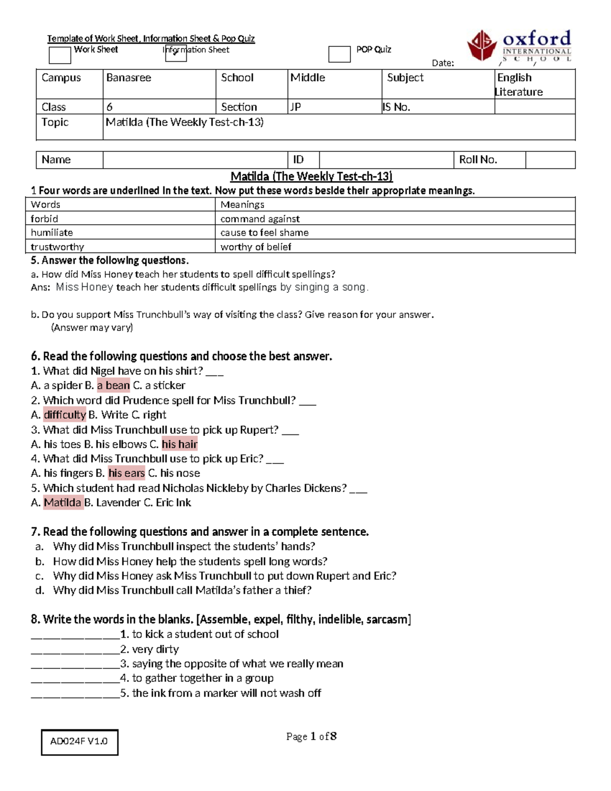 STD 6 English Literature Matilda Chapters 13-21 Quiz Worksheet - Studocu