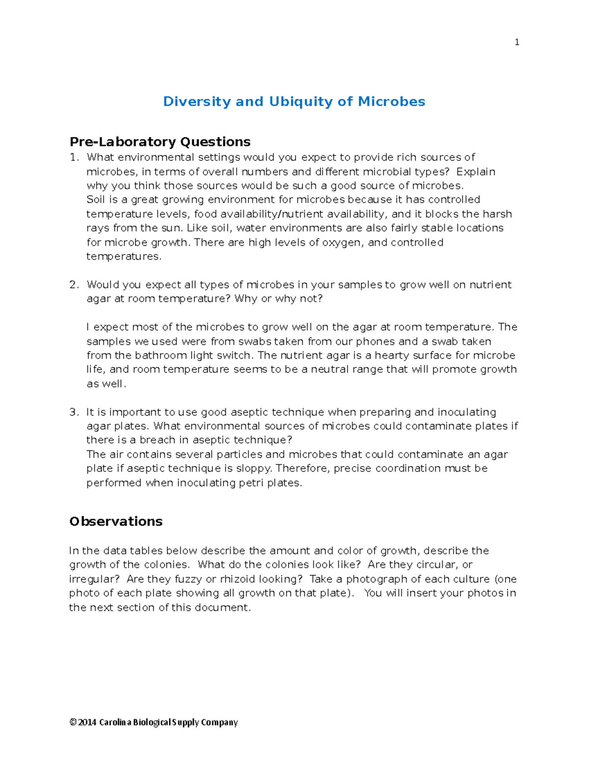 Microbes 101: Diversity & Ubiquity Pre-Lab Q&A - Answer Sheet 1 - Studocu
