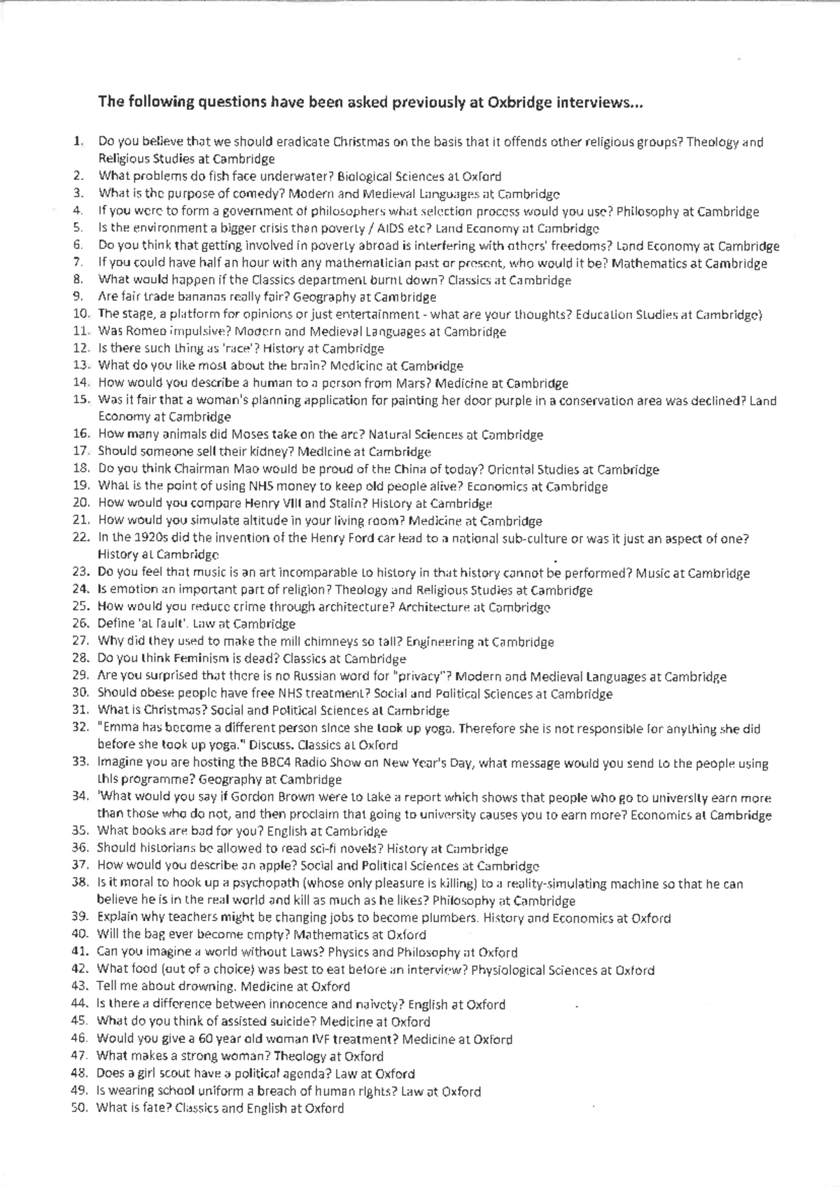 100 Oxbridge Interview Questions Across Various Disciplines - Studocu