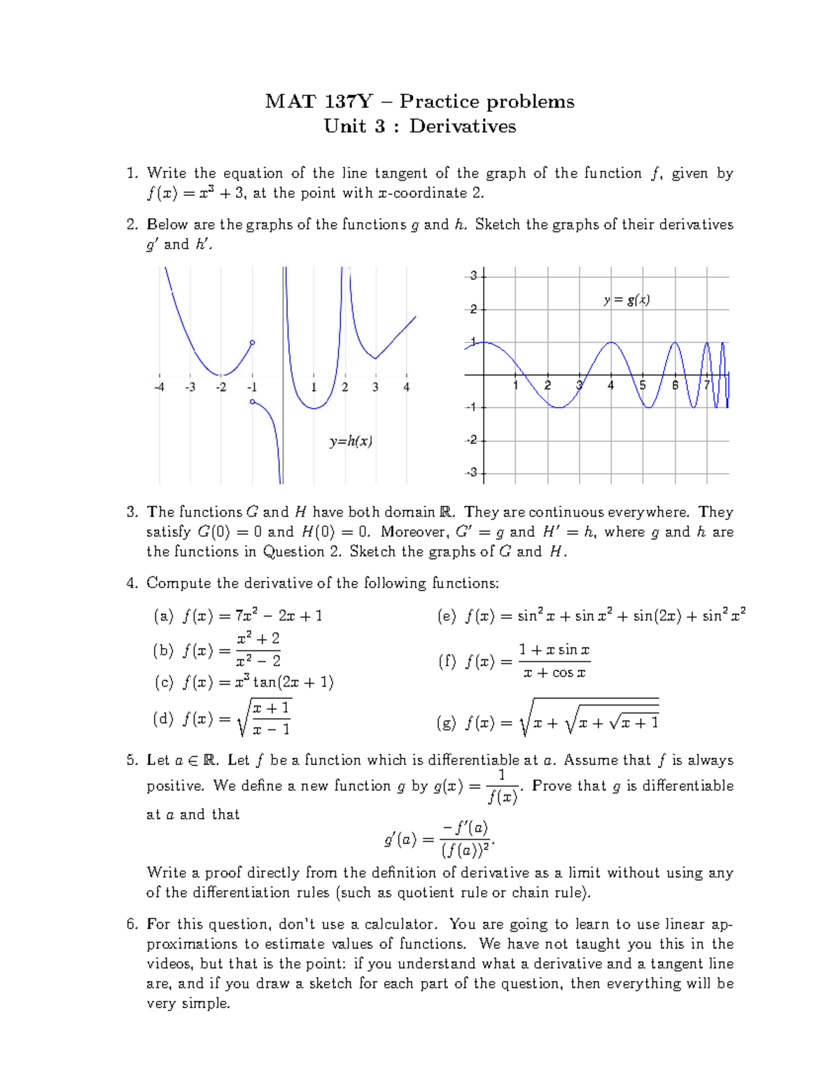 MAT 137Y Practice Problems Unit 3: Derivatives and Tangents - Studocu