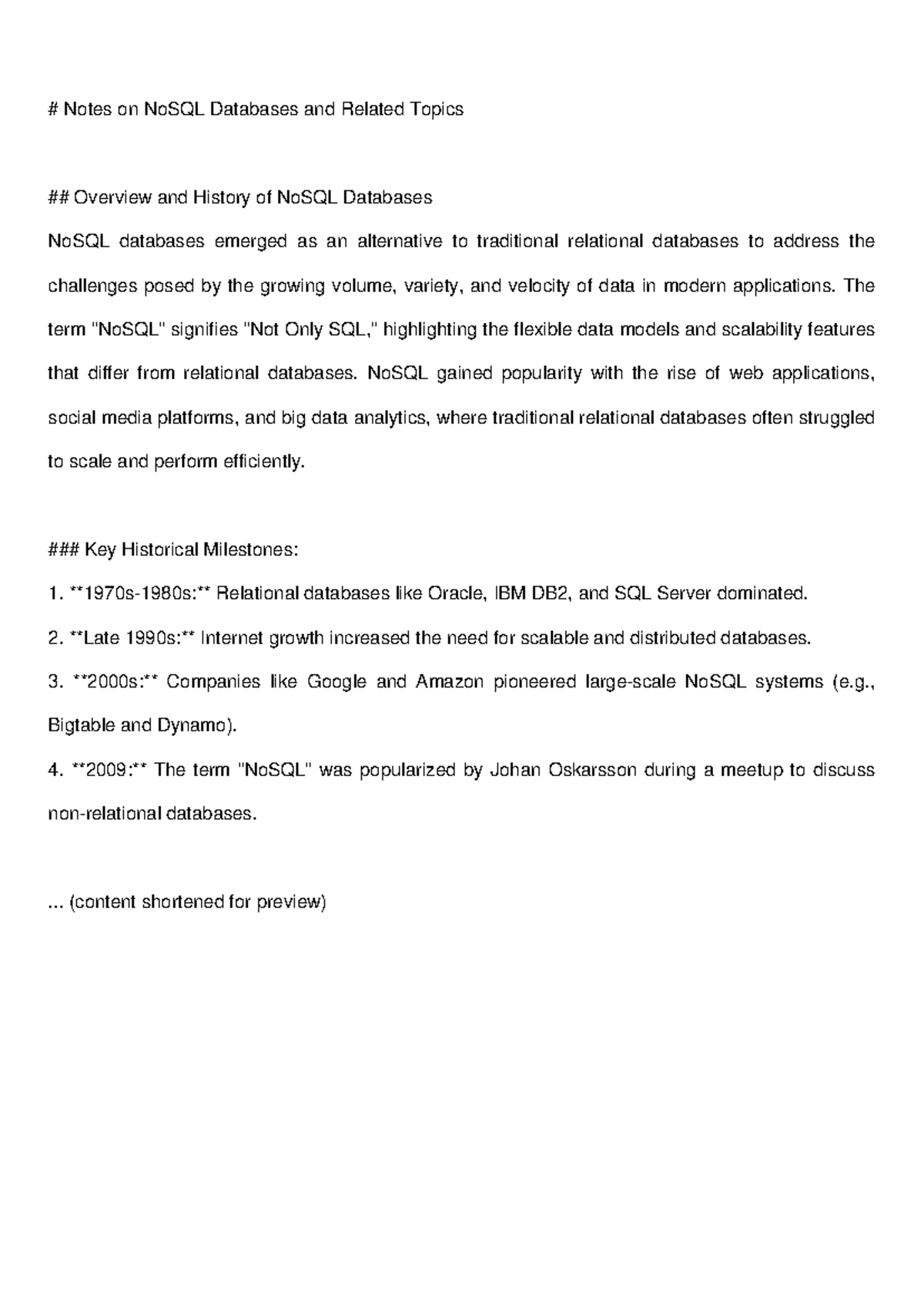 No SQL Notes - Notes on NoSQL Databases and Related Topics Overview and ...