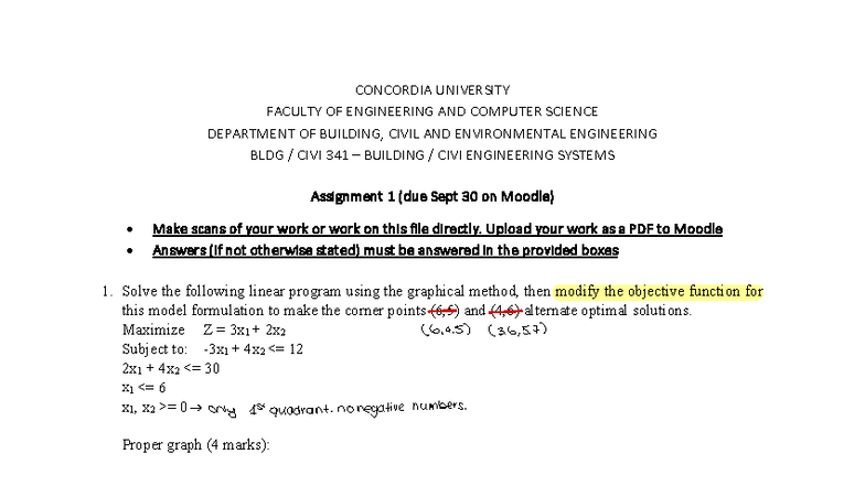 BLDG CIVI 341 Assignment 1: Linear Programming Solutions and ...