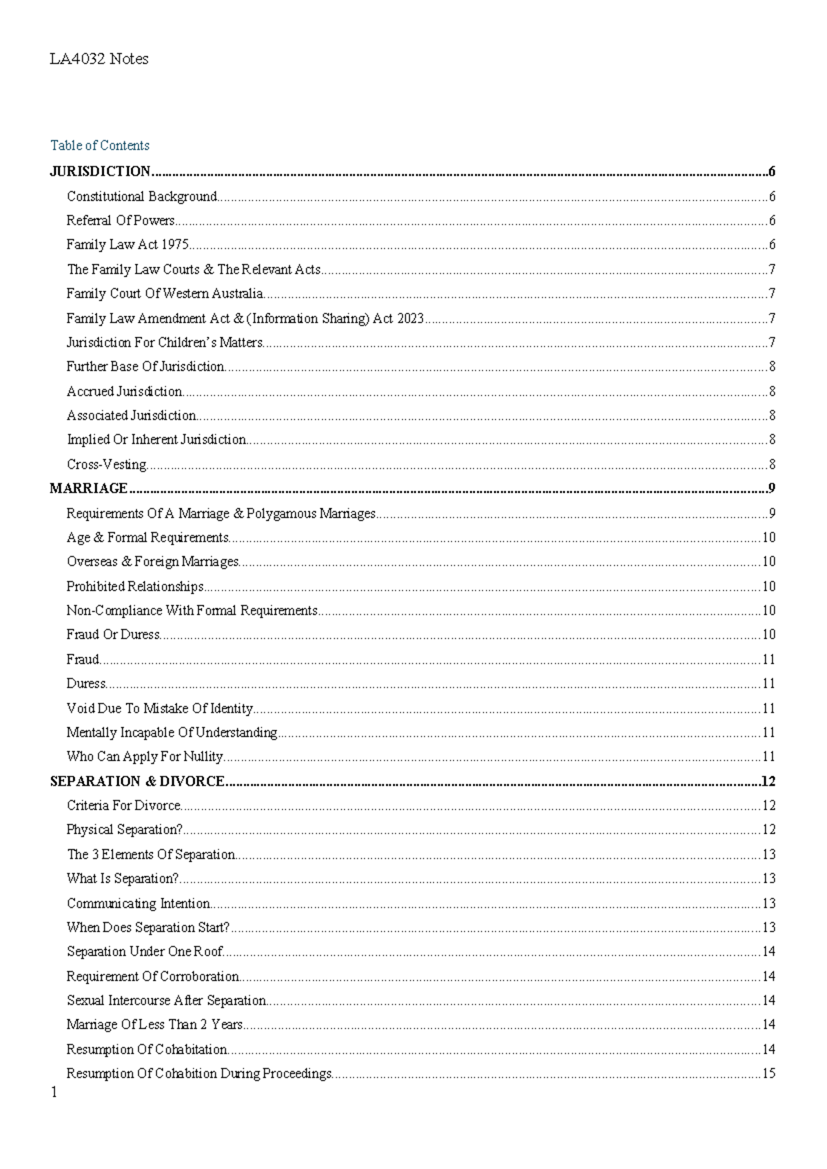 LA4032 - Comprehensive Exam Notes on Family Law Jurisdiction and ...