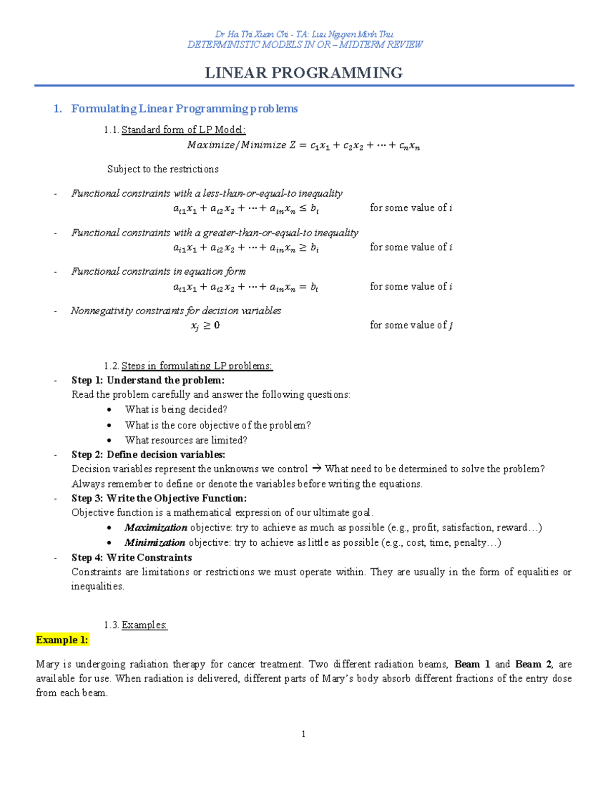 OR1 Midterm Review: Deterministic Models in Linear Programming - Studocu