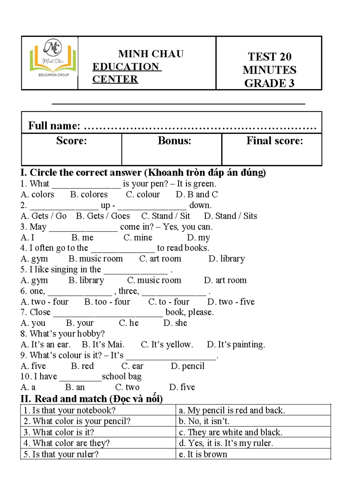 BKT 6 - Grade 3 English Grammar Test (20 Minutes) - Studocu