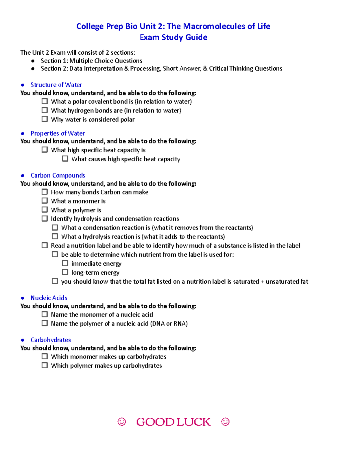 Final Exam Study Guide: CP Bio Unit 2 - Macromolecules of Life - Studocu