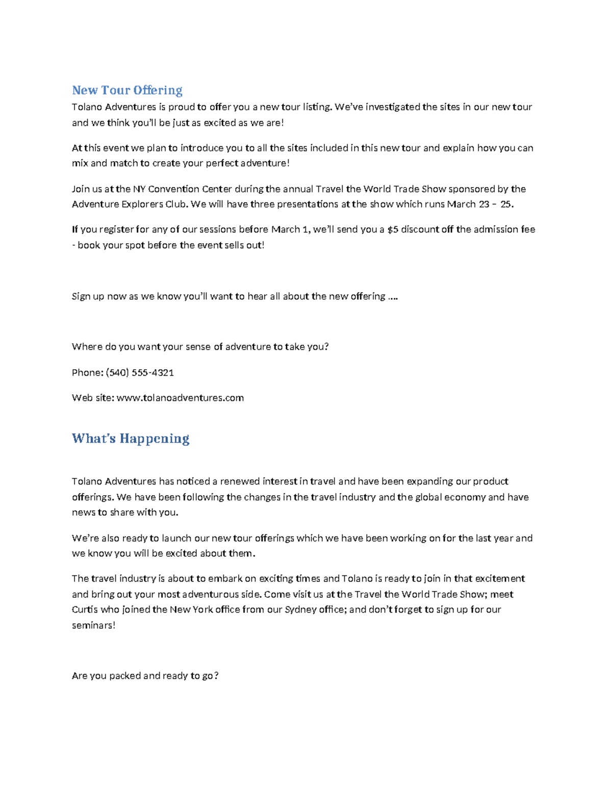 Trade Show Brochure Draft - New Tour Offering Tolano Adventures is ...
