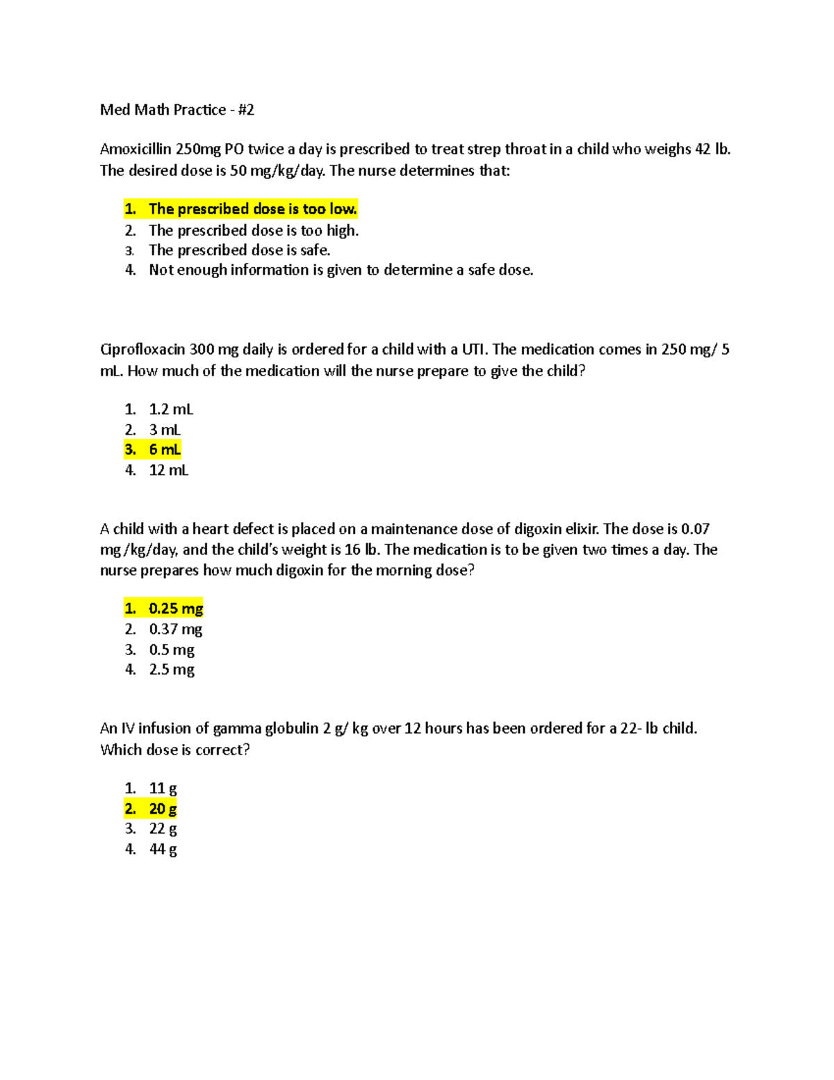 Med Math Practice #2 (Revised) - Pediatric Dosage Calculations - Studocu