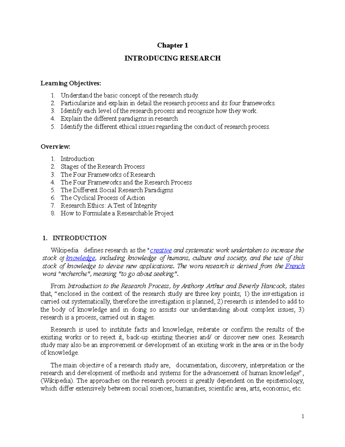 Chapter 1 - Overview of the Research Process and Methodologies - Studocu