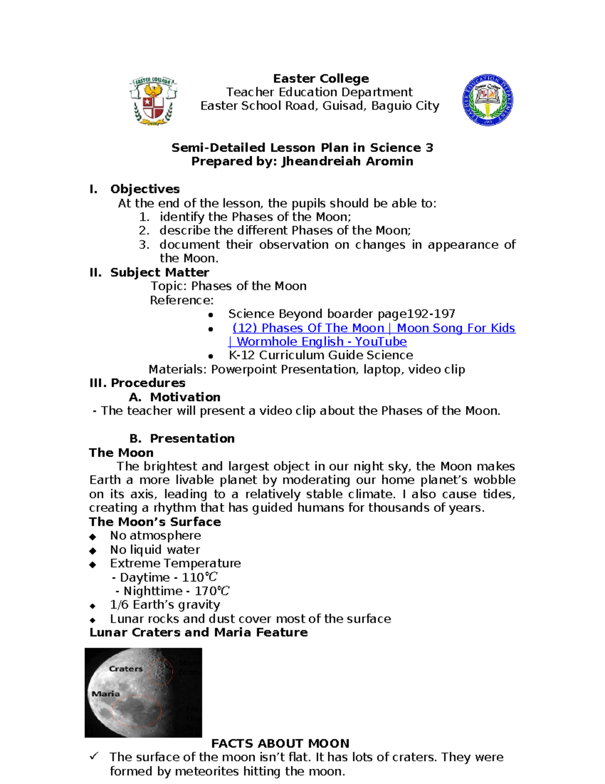 Semi-Detailed Lesson Plan: Phases of the Moon for Grade 3 - Studocu