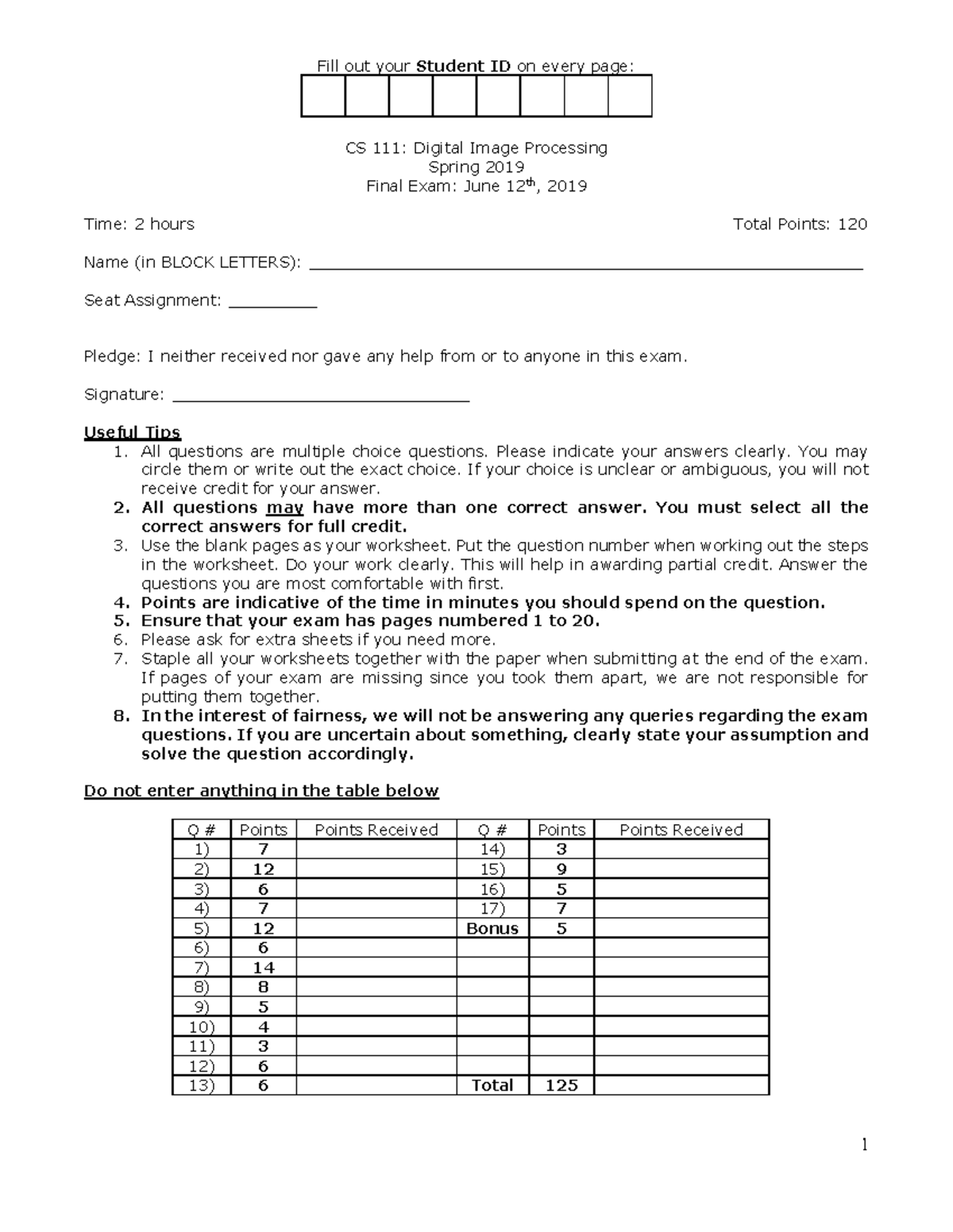 Final Exam CS 111: Digital Image Processing - Spring 2019 - Studocu