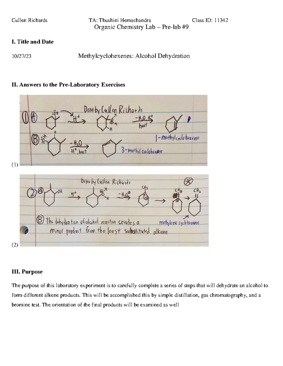 Organic Chemistry Pre-lab: Alcohol Dehydration - Cullen Richards TA ...