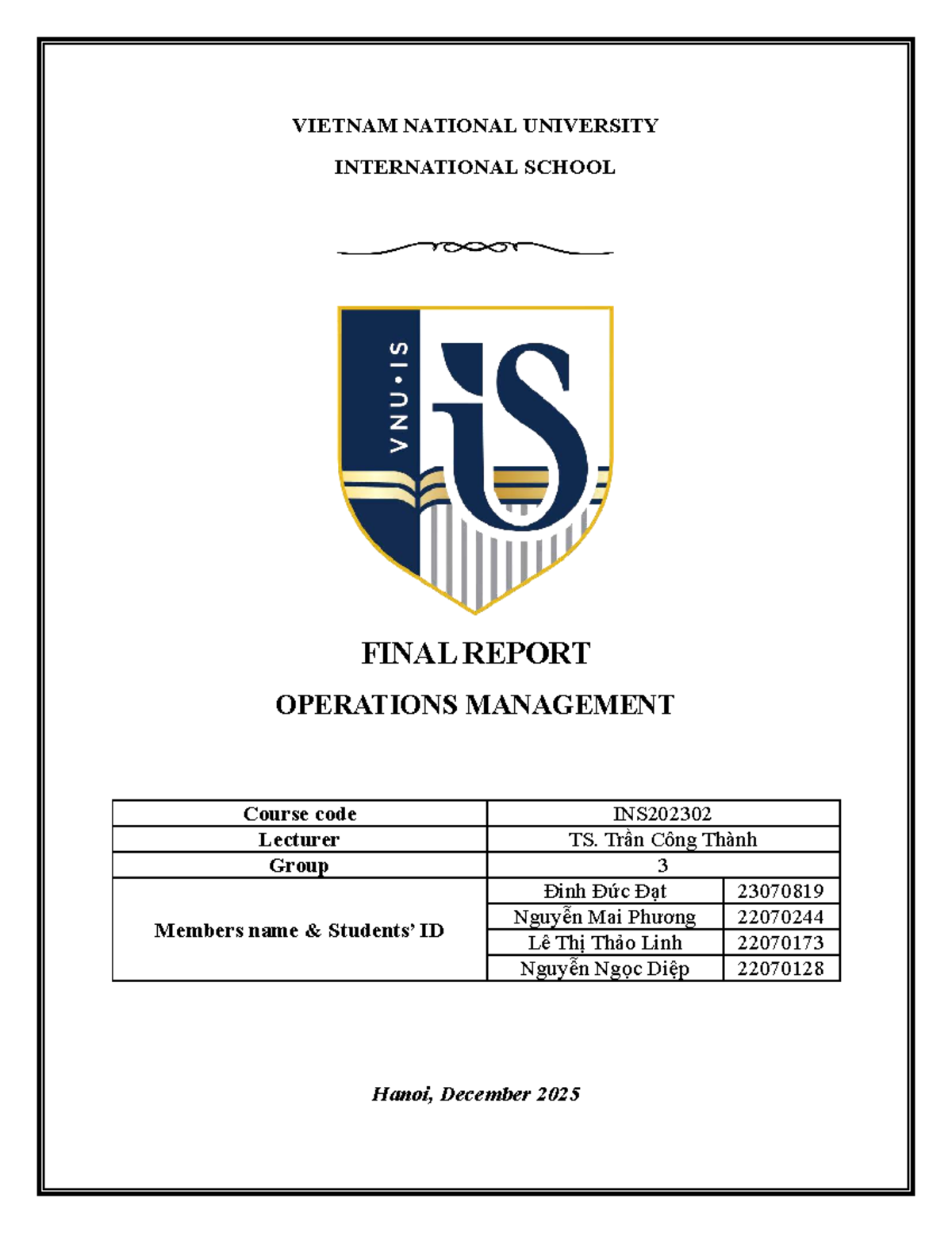 INS202302 Operations Management Final Report: TGDD Analysis - Studocu