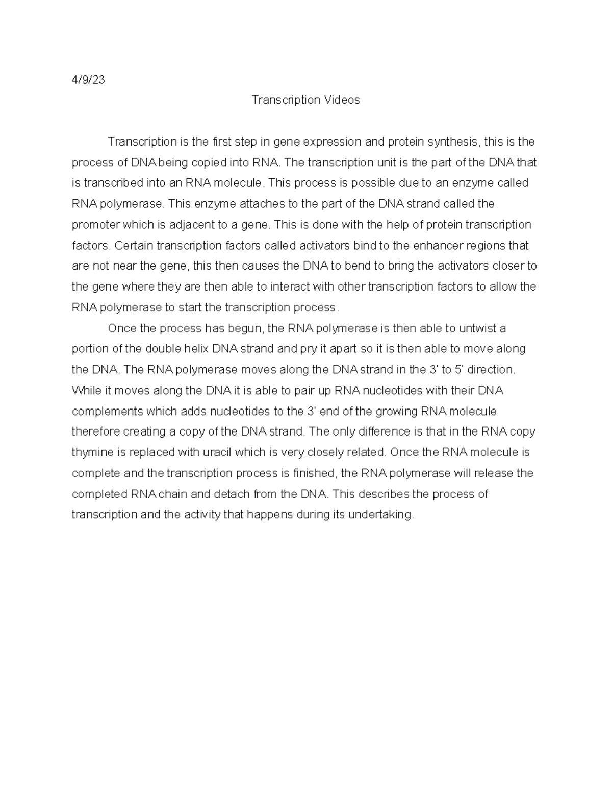 Transcription Process: Overview and Key Steps in Gene Expression - Studocu