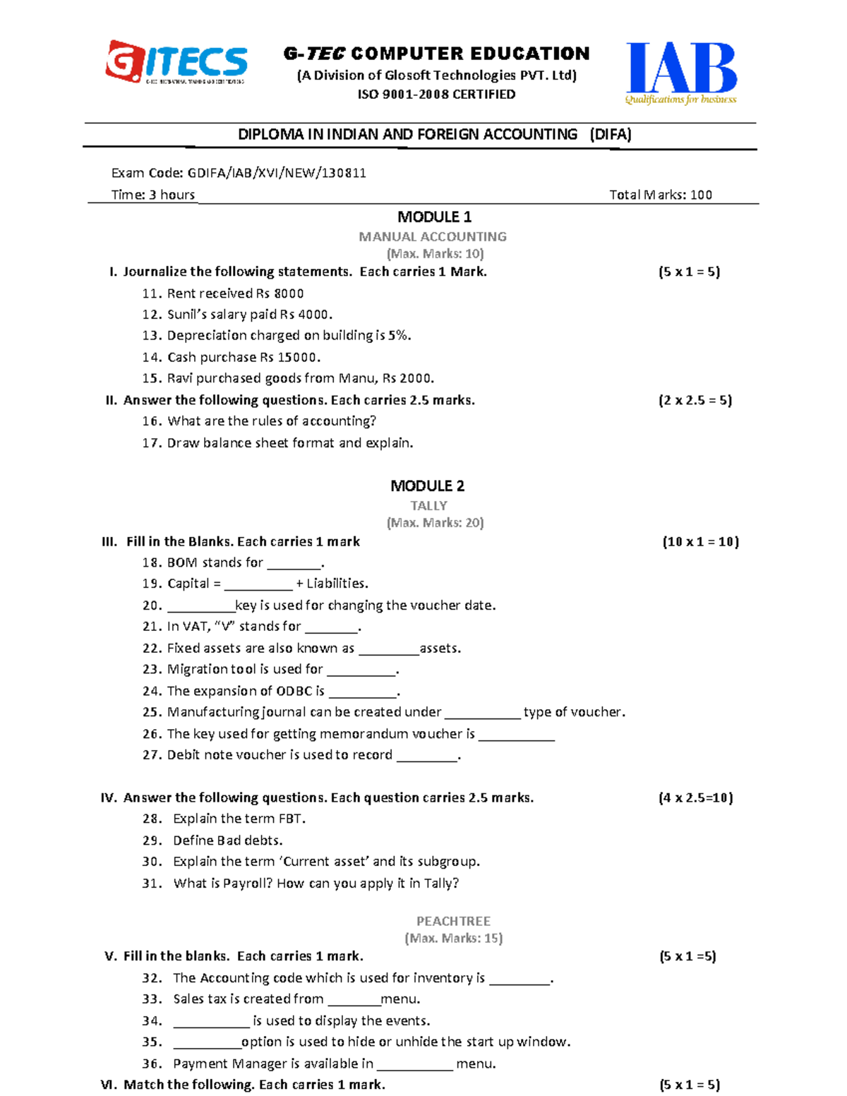 IAB GDIFA/QP XVI - DIFA Question Paper for Accounting Diploma Exam ...