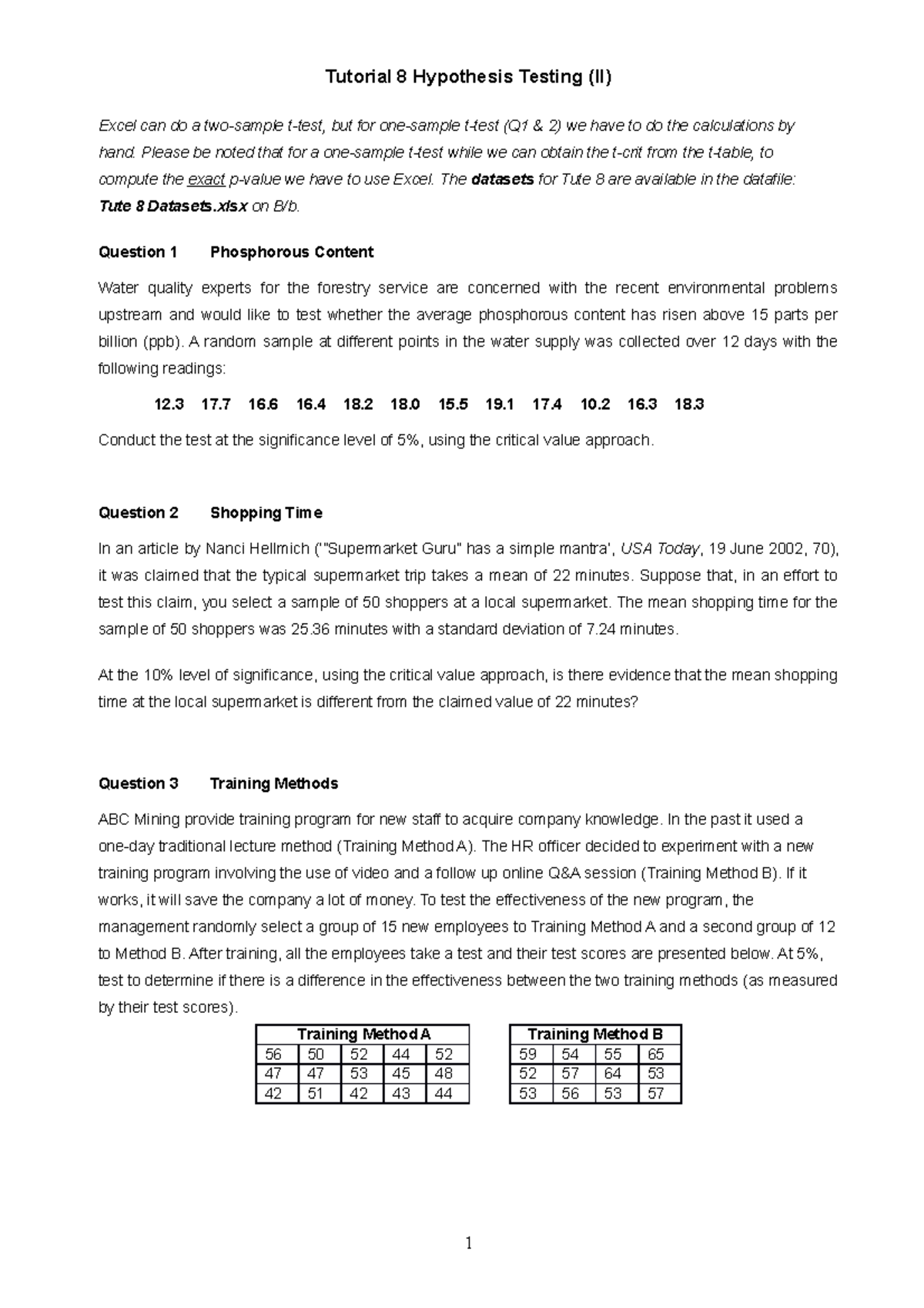 Tute 8 Hypothesis Testing II - Tutorial 8 Hypothesis Testing (II) Excel ...