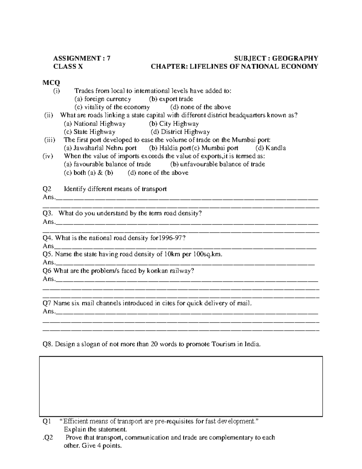 CBSE Class 10 Geography Assignment: Lifelines of National Economy MCQs ...