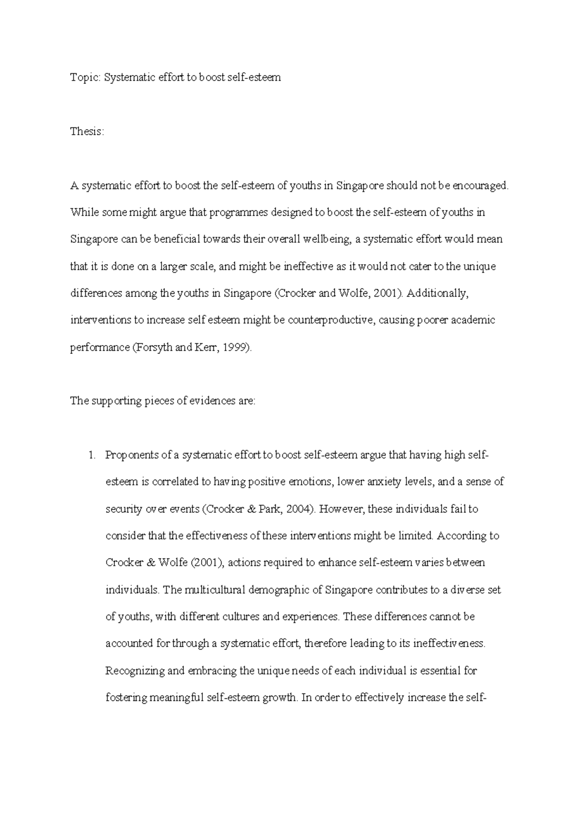 Systematic Efforts to Boost Youth Self-Esteem in Singapore: A Critical ...