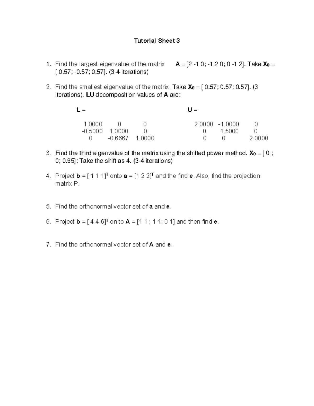 Tutorial Sheet 3: Eigenvalues & Projections in Linear Algebra - Studocu