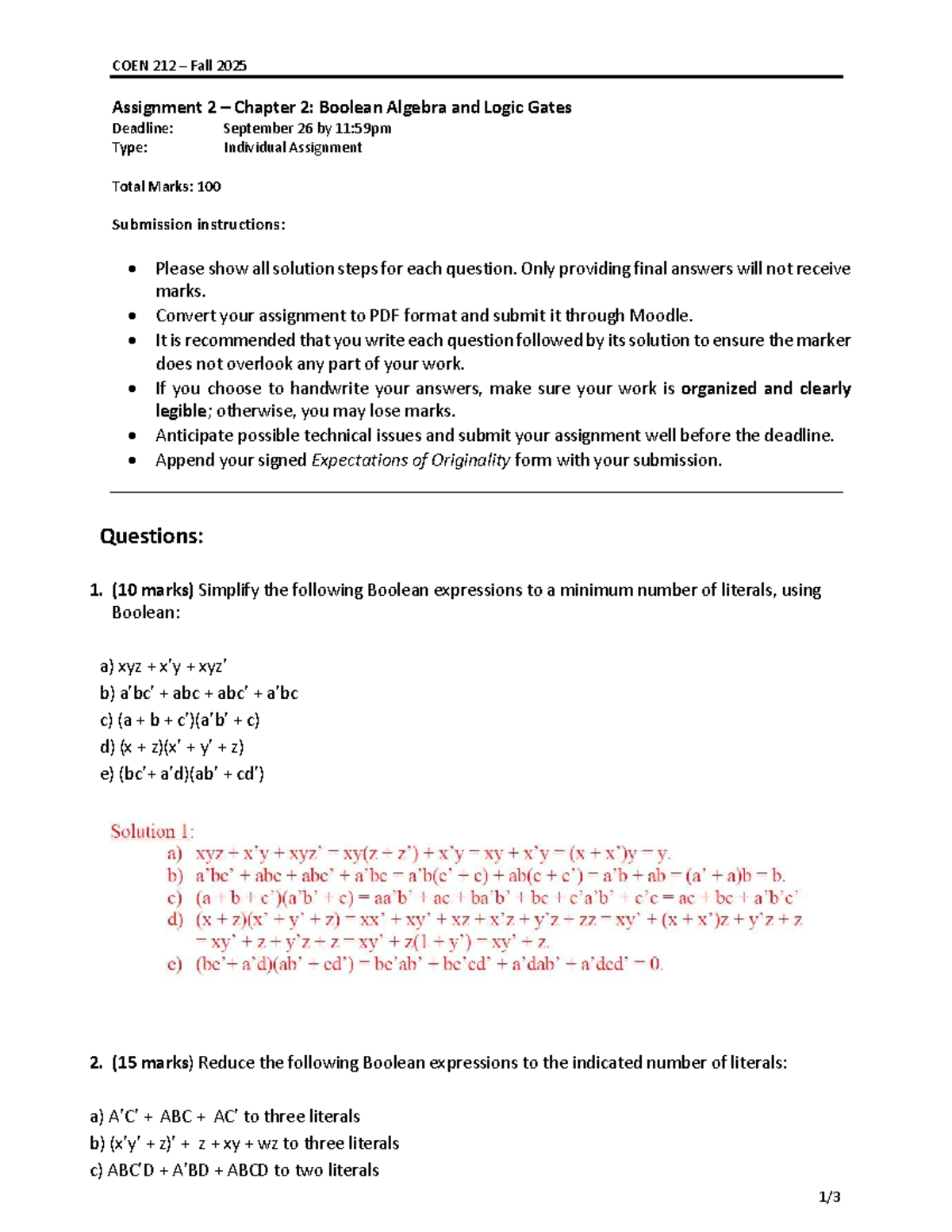 COEN 212 Fall 2025 Assignment 2 Solutions: Boolean Algebra & Logic ...