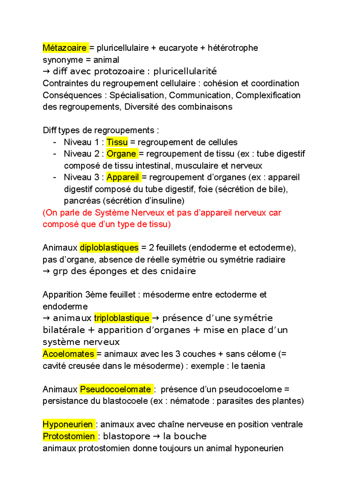 Cours 2 : Métazoaires et Spongiaires en Biologie Animale - Studocu