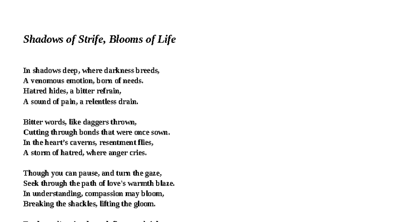 ENG 101 - Final Poem Composition: Shadows of Strife, Blooms of Life ...