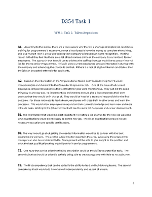 D354 Task 1 Guide - VFM1 — VFM1 Task 1: Workforce Planning Talent Acquisition — D354 - D354 Task ...