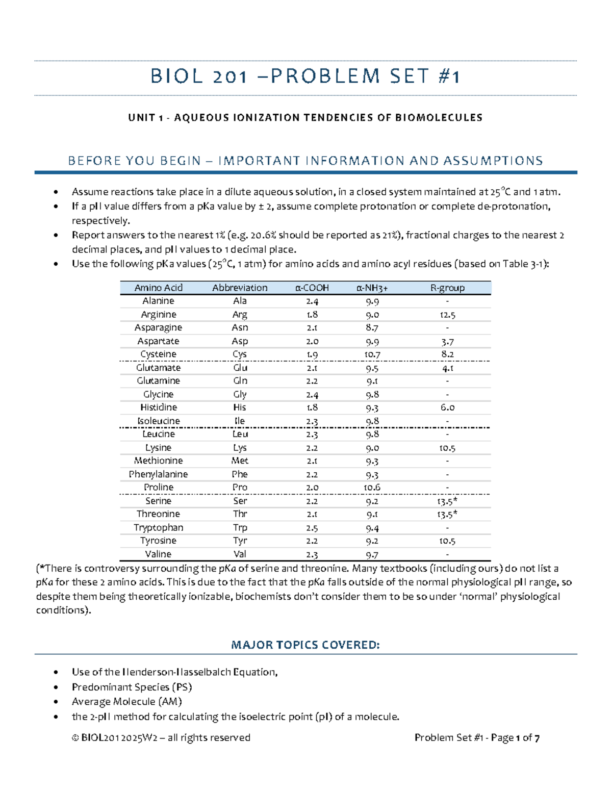 BIOL 201 PS1 Unit 1 Aqueous Ionization of Biomolecules Worksheet - Studocu