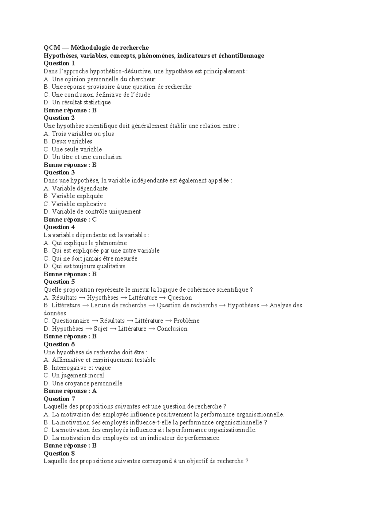 QCM — Méthodologie de recherche - Studocu