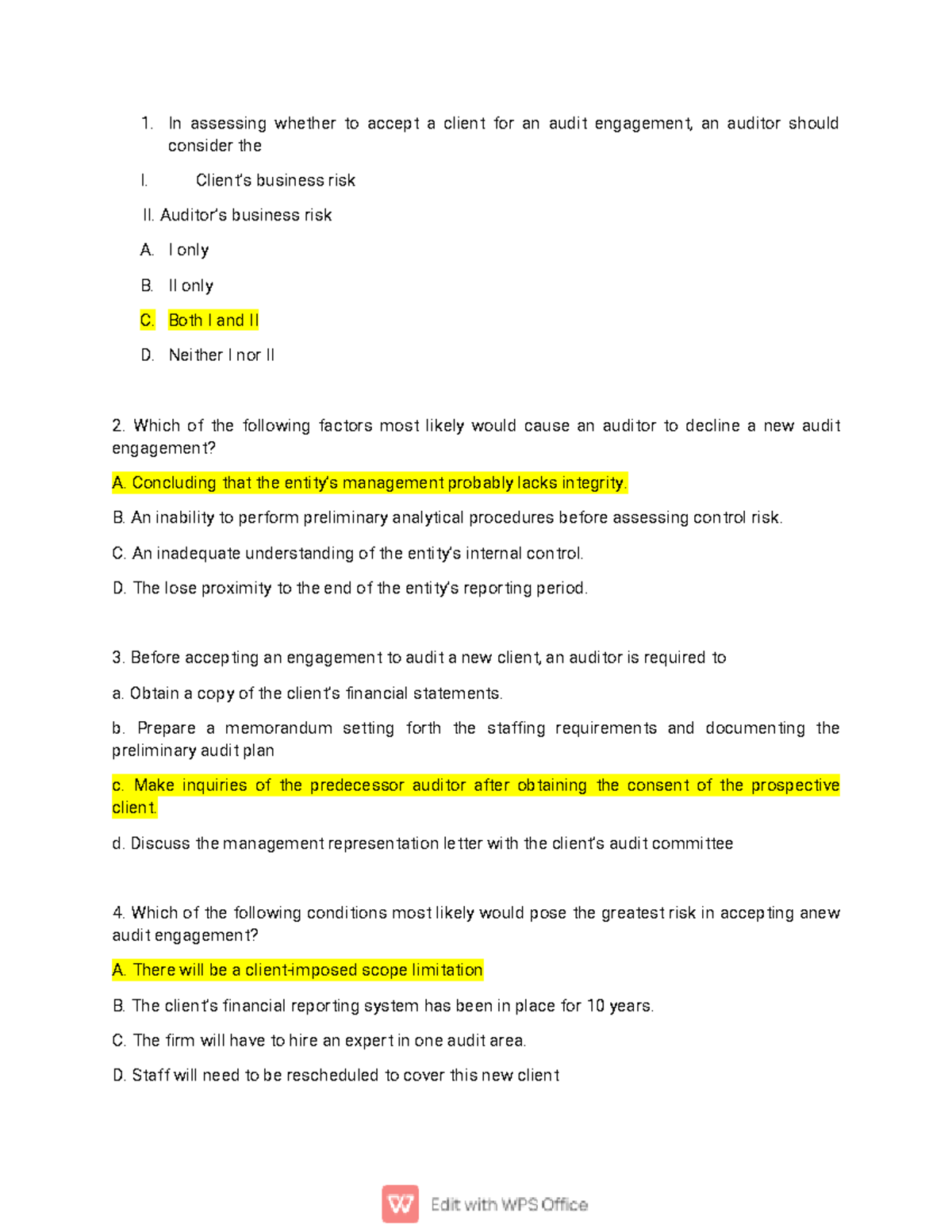 Auditing Practice Questions for ACC 301: Engagement Acceptance Risks ...