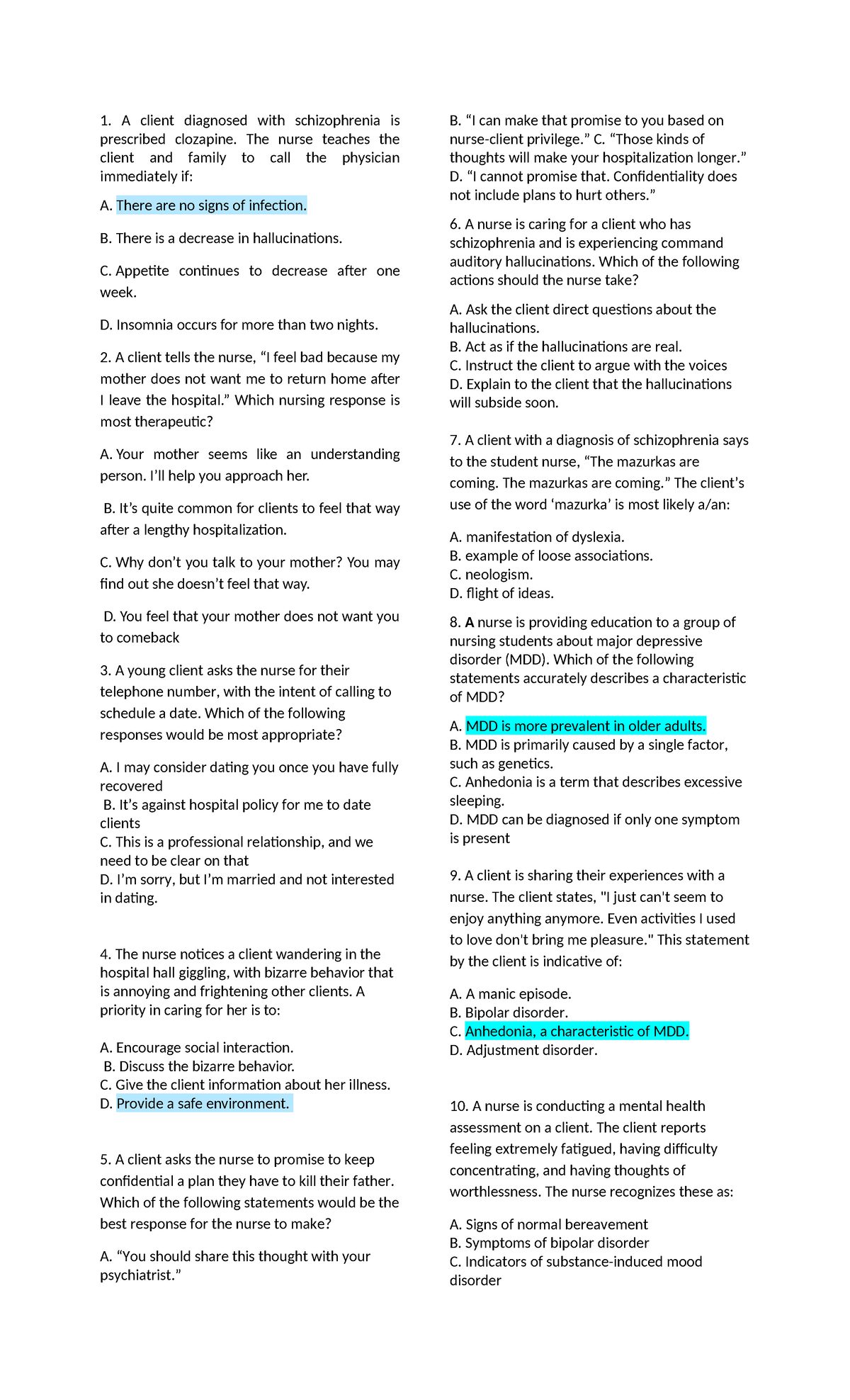 NUR 101: Client Care Scenarios and Nursing Responses for Mental Health ...