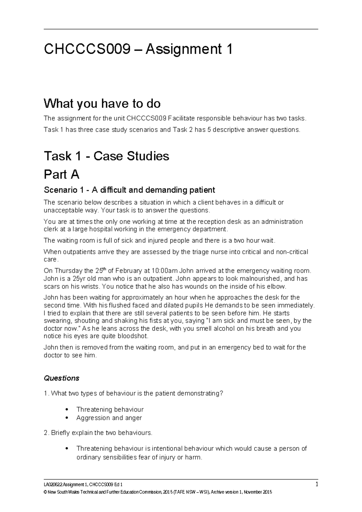 LA020622 Ass1 CHCCCS009 Facilitate Responsible Behaviour Ed1 - Studocu