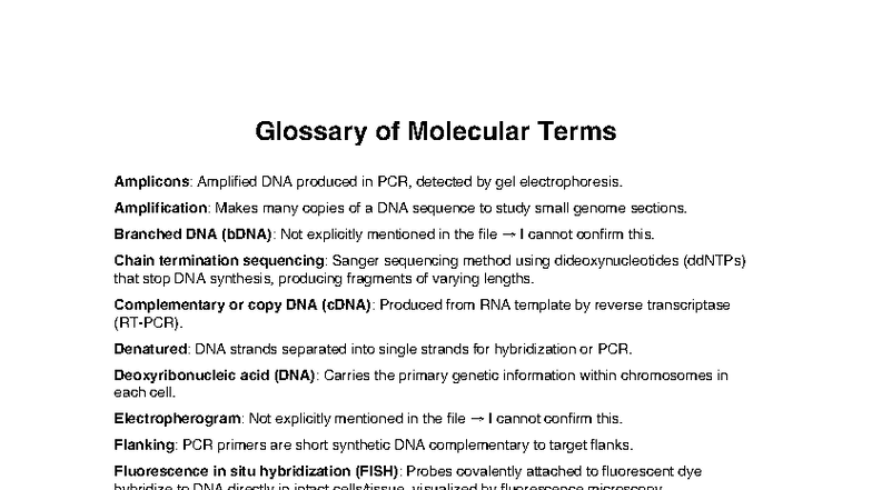 Molecular Terms Glossary for PCR and Genetic Analysis - Studocu