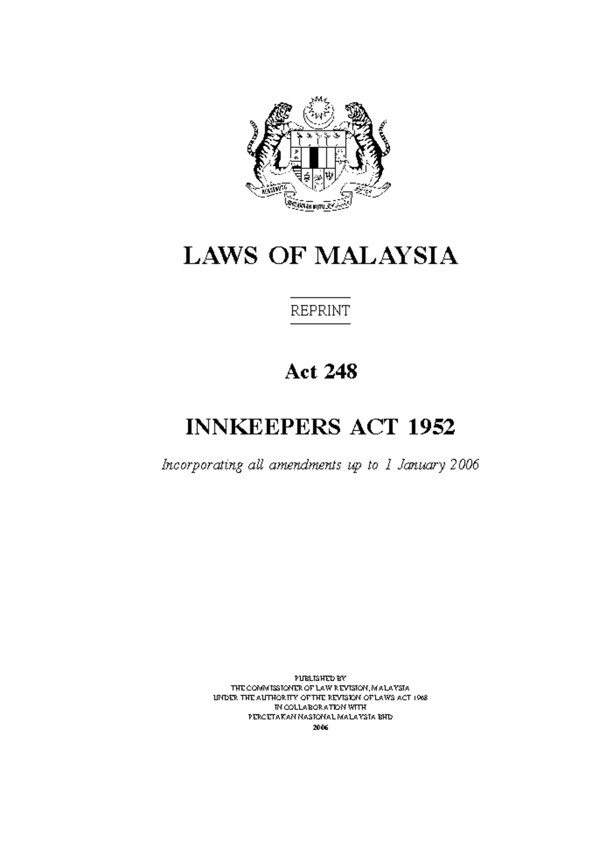 Innkeepers Act 1952 (Act 248) - Comprehensive Overview and Amendments ...