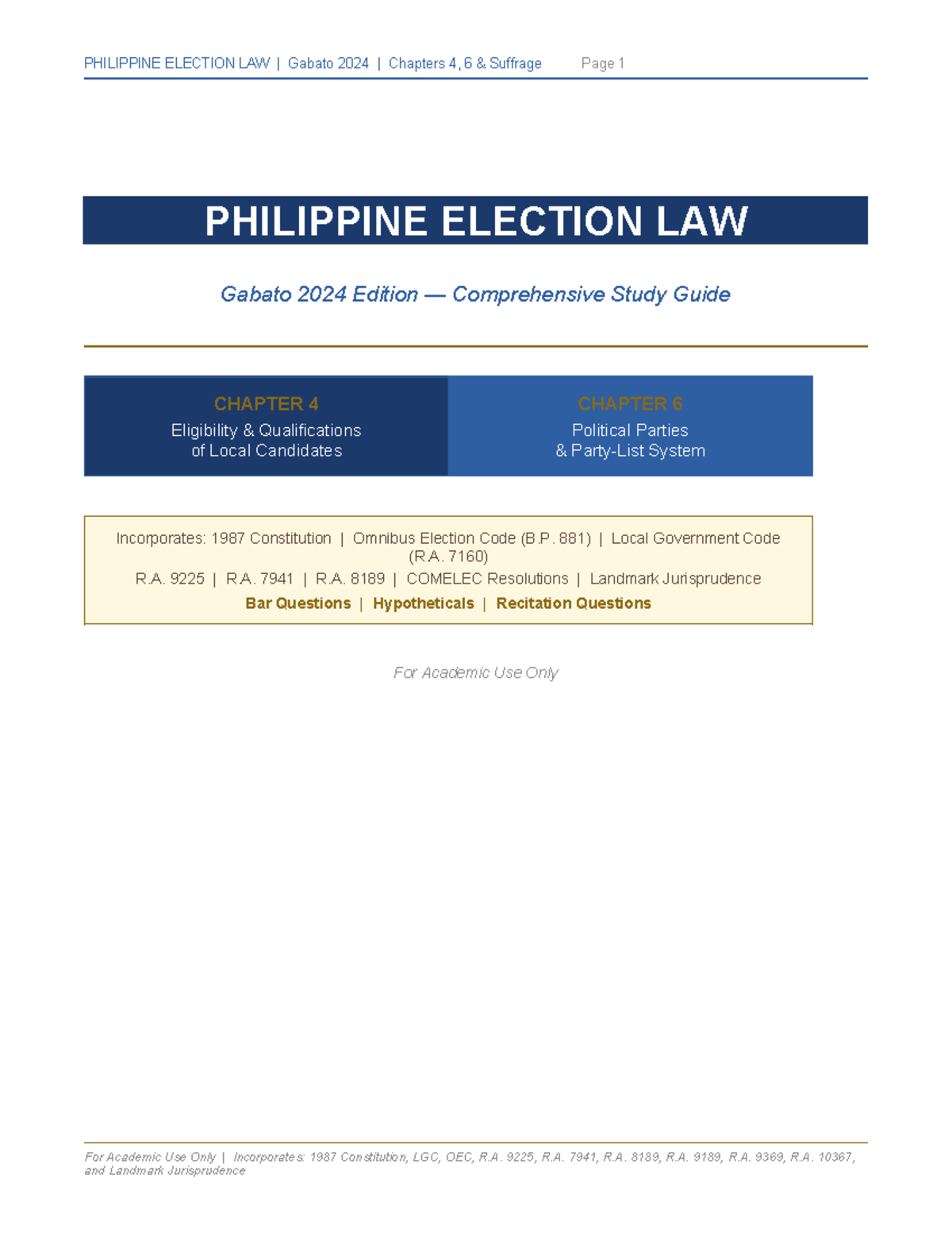 PHILIPPINE ELECTION LAW Gabato 2024: Chapters 4 & 6 Study Guide on ...