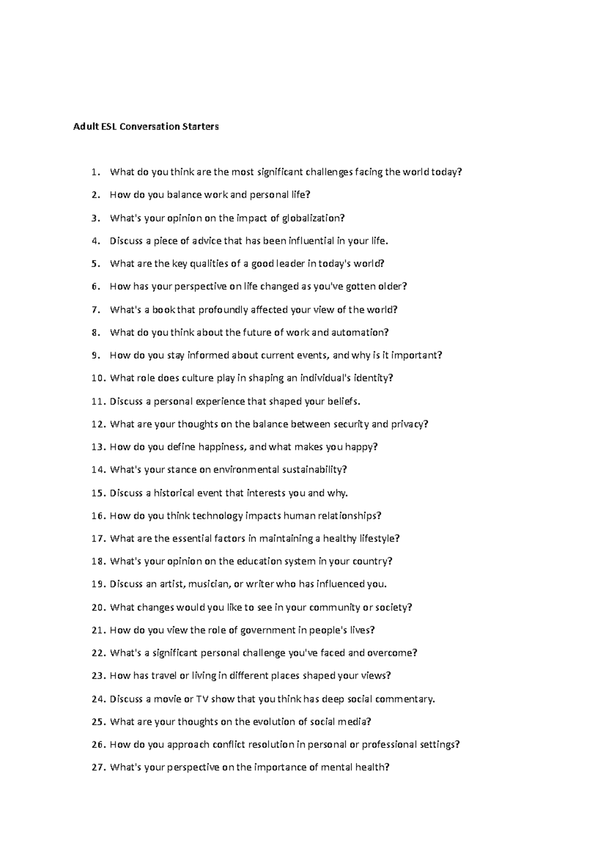 Adult ESL Conversation Topics: Engaging Questions for Discussion - Studocu