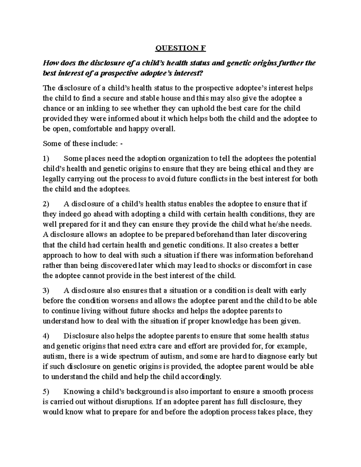 Understanding the Importance of Health Disclosure in Adoption - Studocu