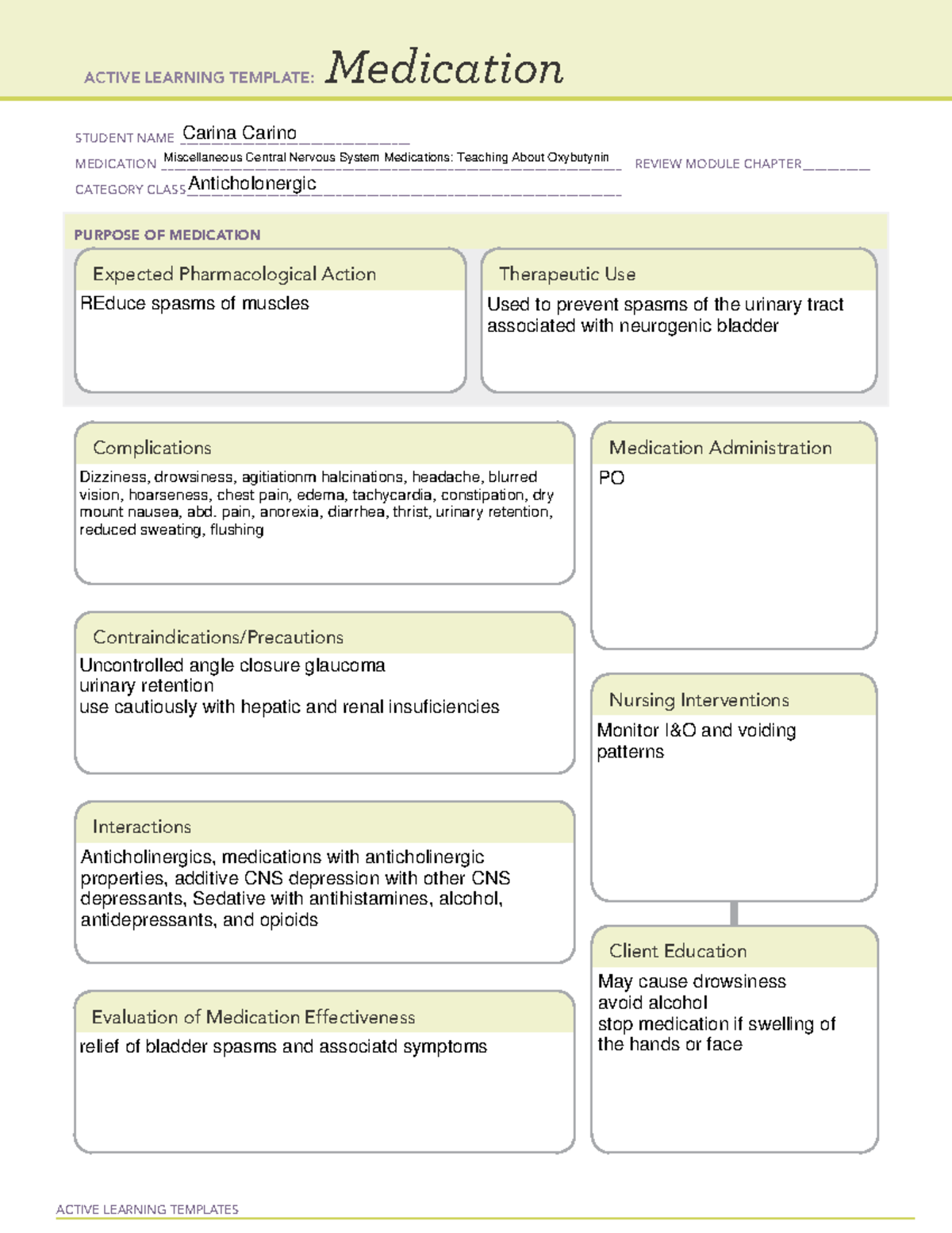Oxybutynin ATI Medication Template for Nursing Students - Studocu