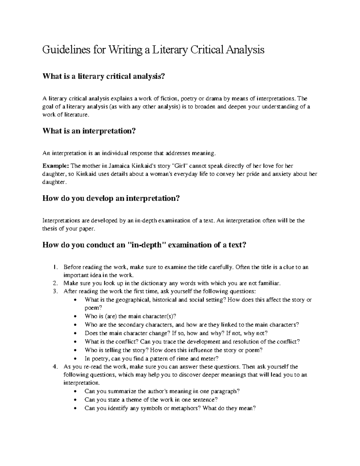 Lit Critique: Guidelines for Writing a Literary Critical Analysis - Studocu