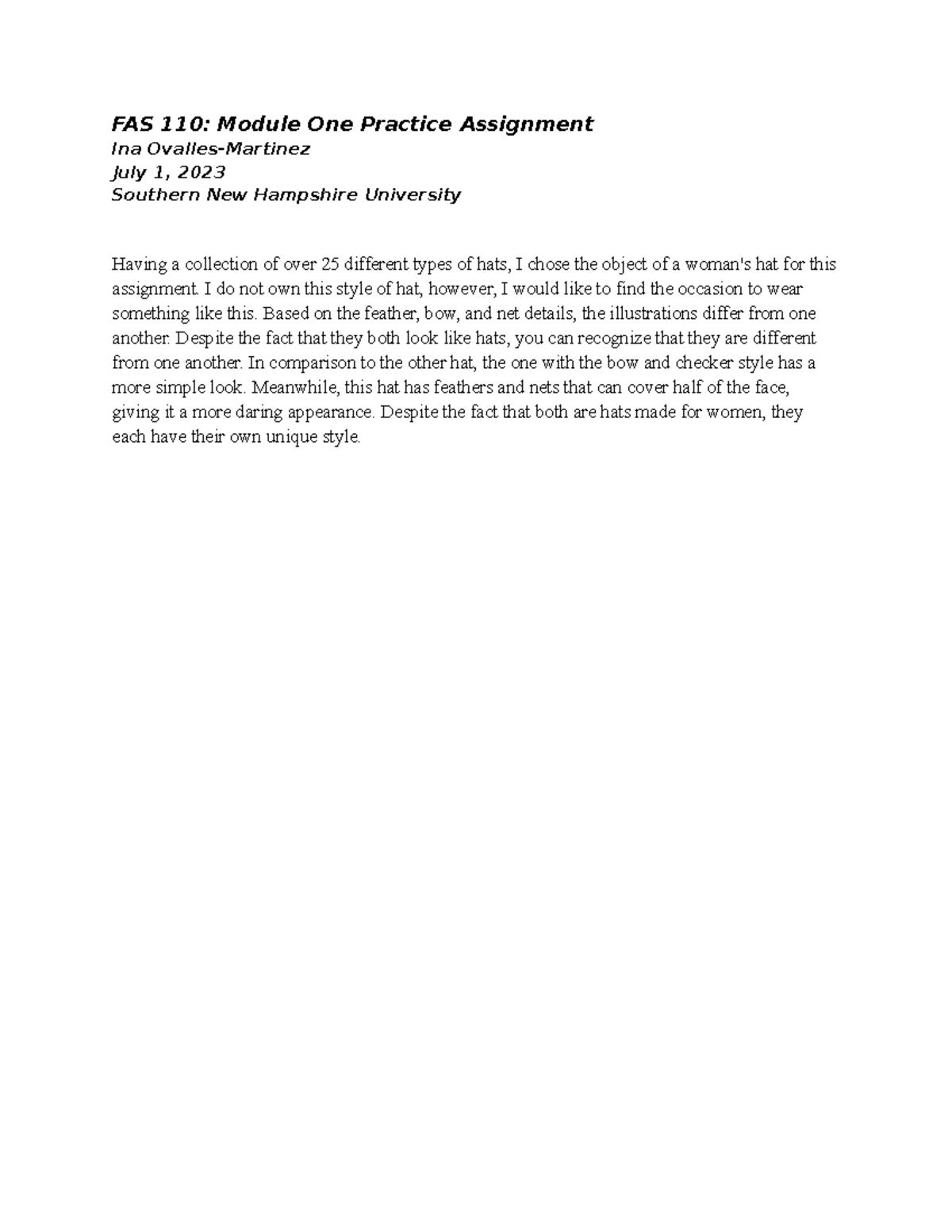 FAS 110: Module One Practice Assignment on Women’s Hats Analysis - Studocu
