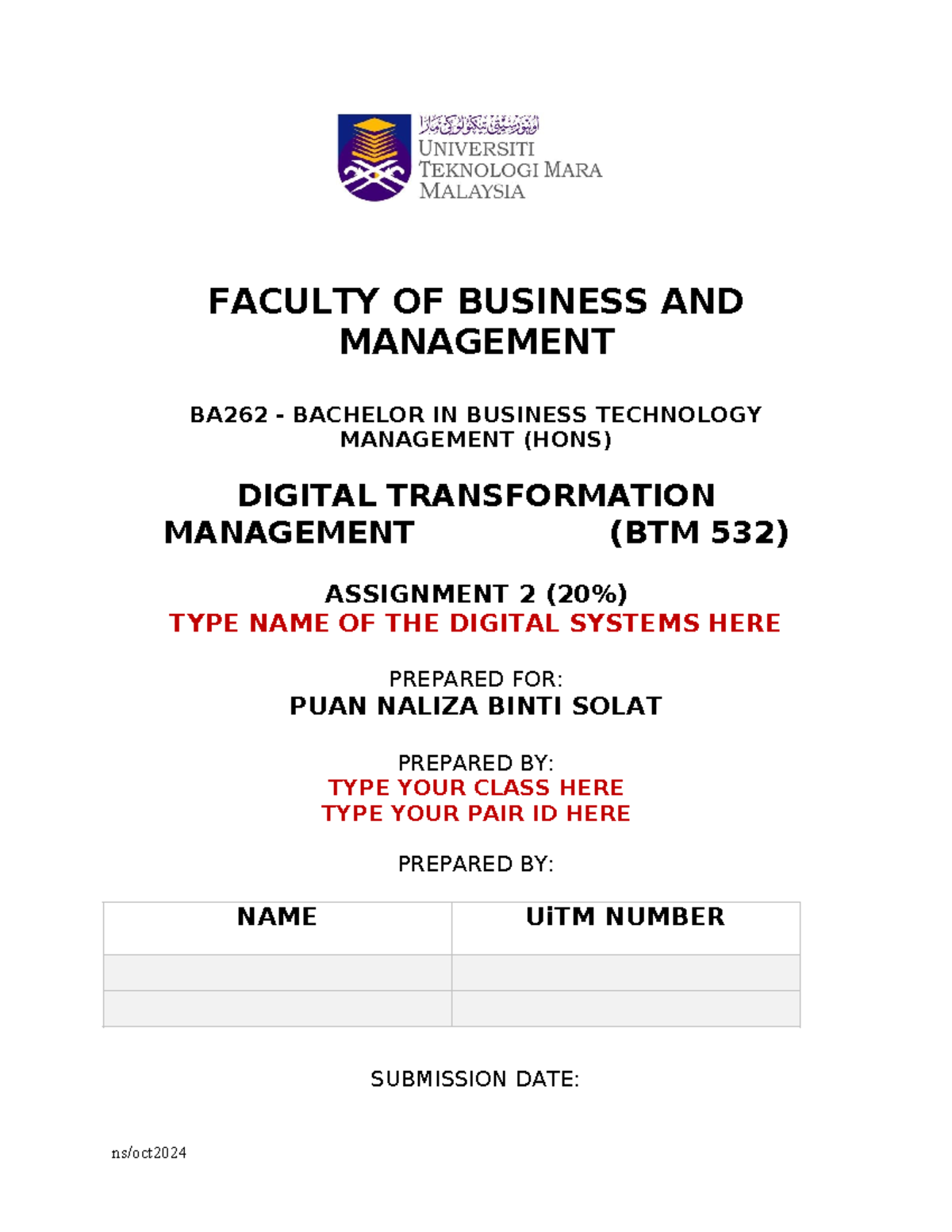 Assignment 2 Cover Page and Template - office managemnt - FACULTY OF ...