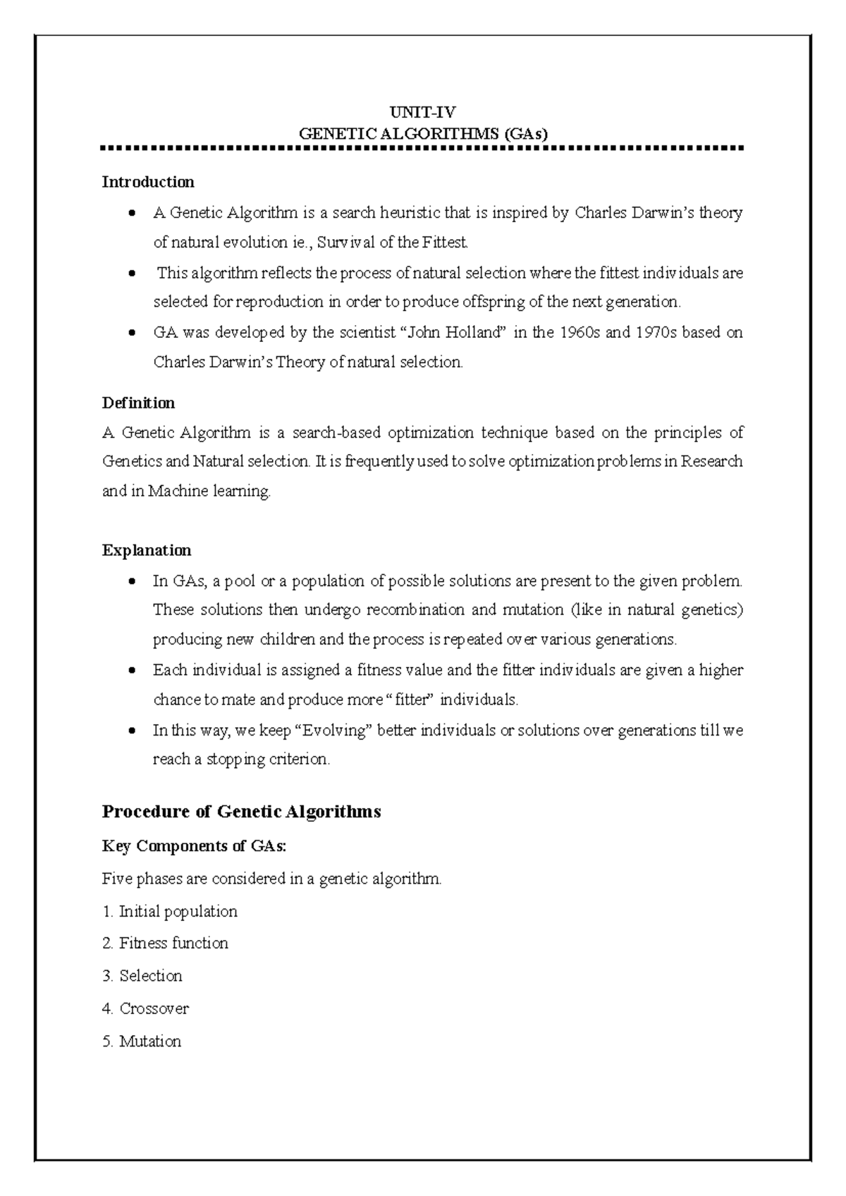 SCT Unit-4 Genetic Algorithms Overview and Key Concepts - Studocu