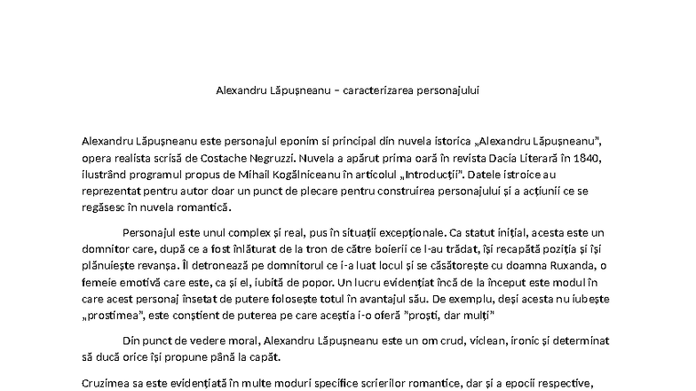 Caracterizarea personajului Alexandru Lăpușneanu în nuvela lui Costache ...