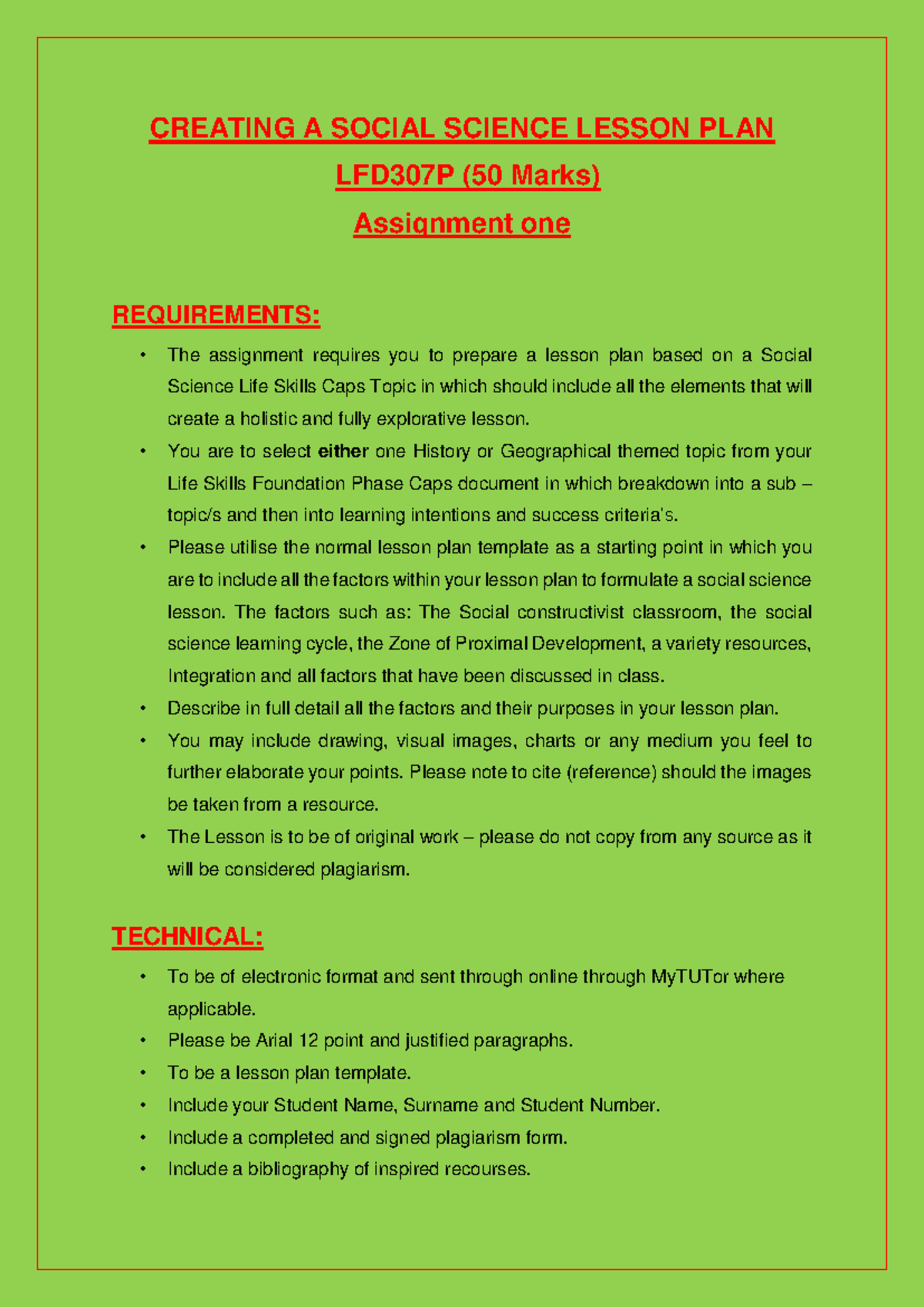 LFD307P Create a Social Science Lesson Plan Requirements - Assignment 1 ...