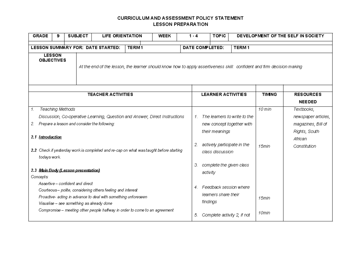 1.3 Lesson PLAN 3 WEEK 1 - 4 Gr 9 - CURRICULUM AND ASSESSMENT POLICY ...