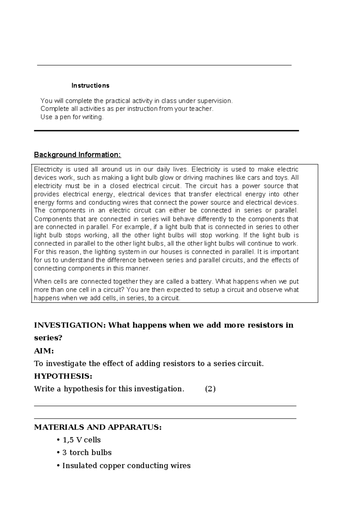 Grade 8[7138] Term 3 Electricity Project: Investigating Series Circuits ...