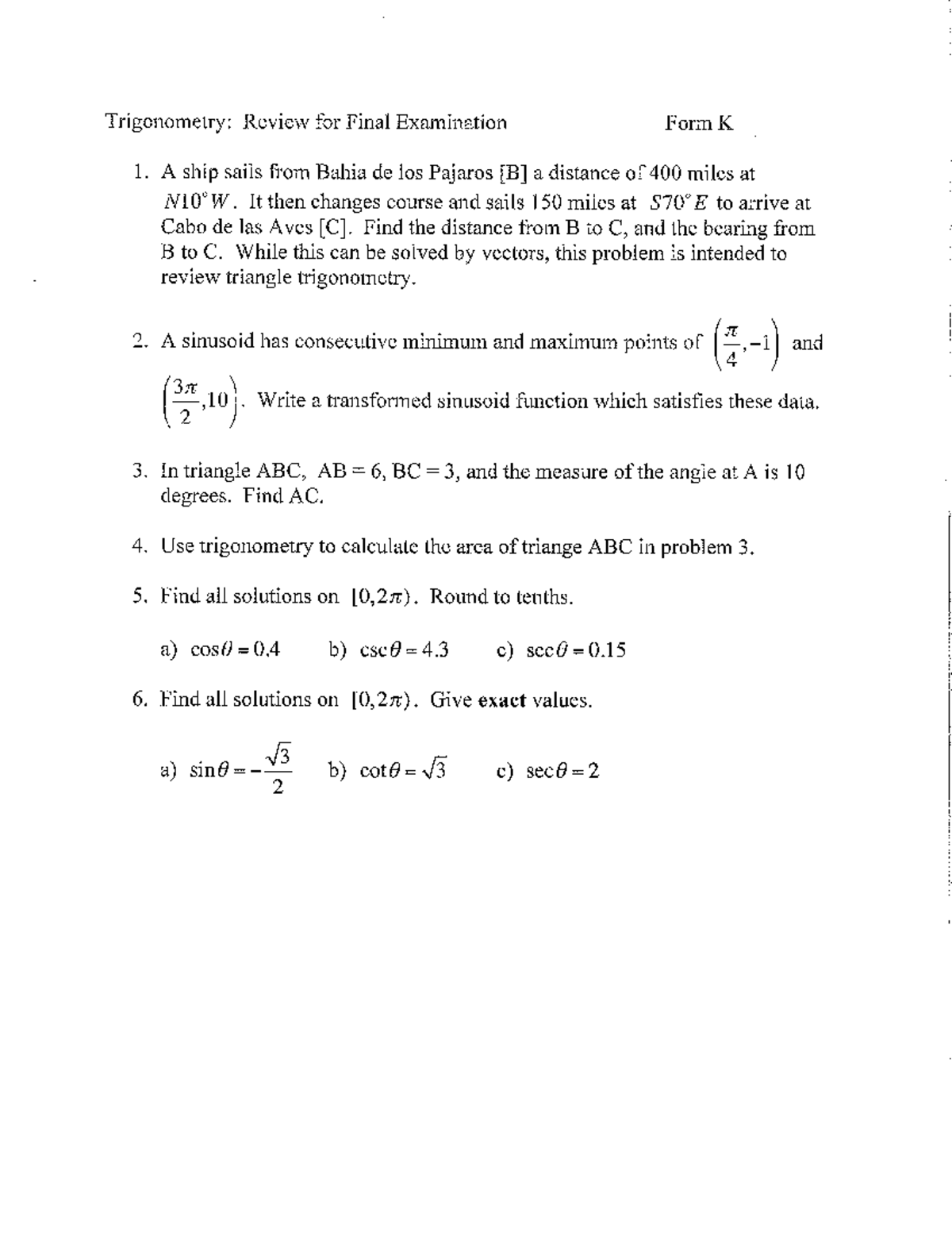 Trigonometry TRIG 101 Final Exam Review Form K & Solutions - Studocu